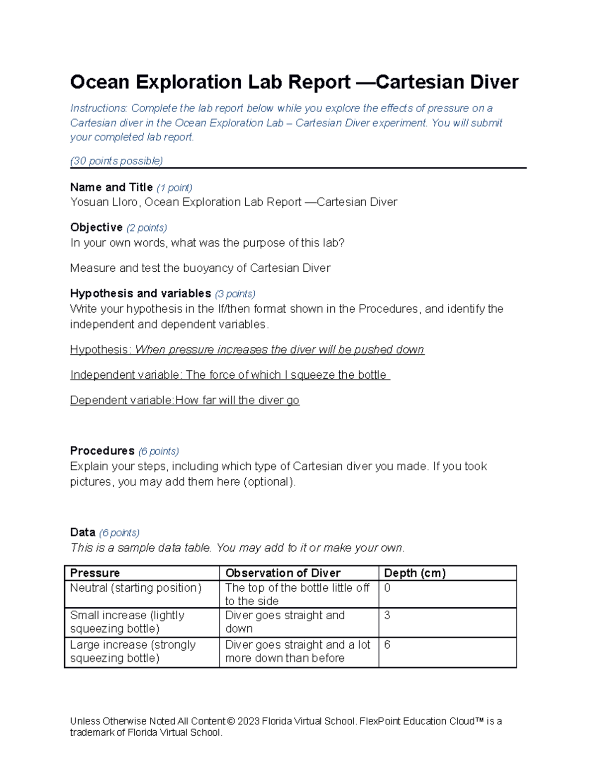 Cartesian diver lab report - Ocean Exploration Lab Report —Cartesian ...