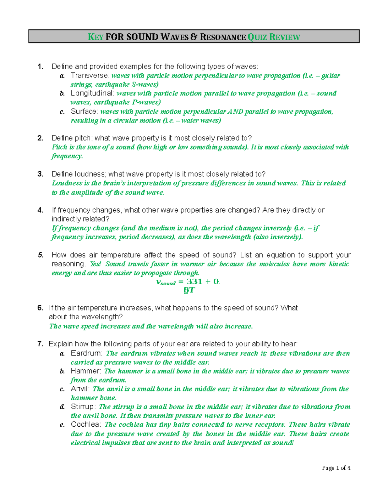 Key for Sound Waves Quiz Review - KEY FOR SOUND WAVES & RESONANCE QUIZ ...
