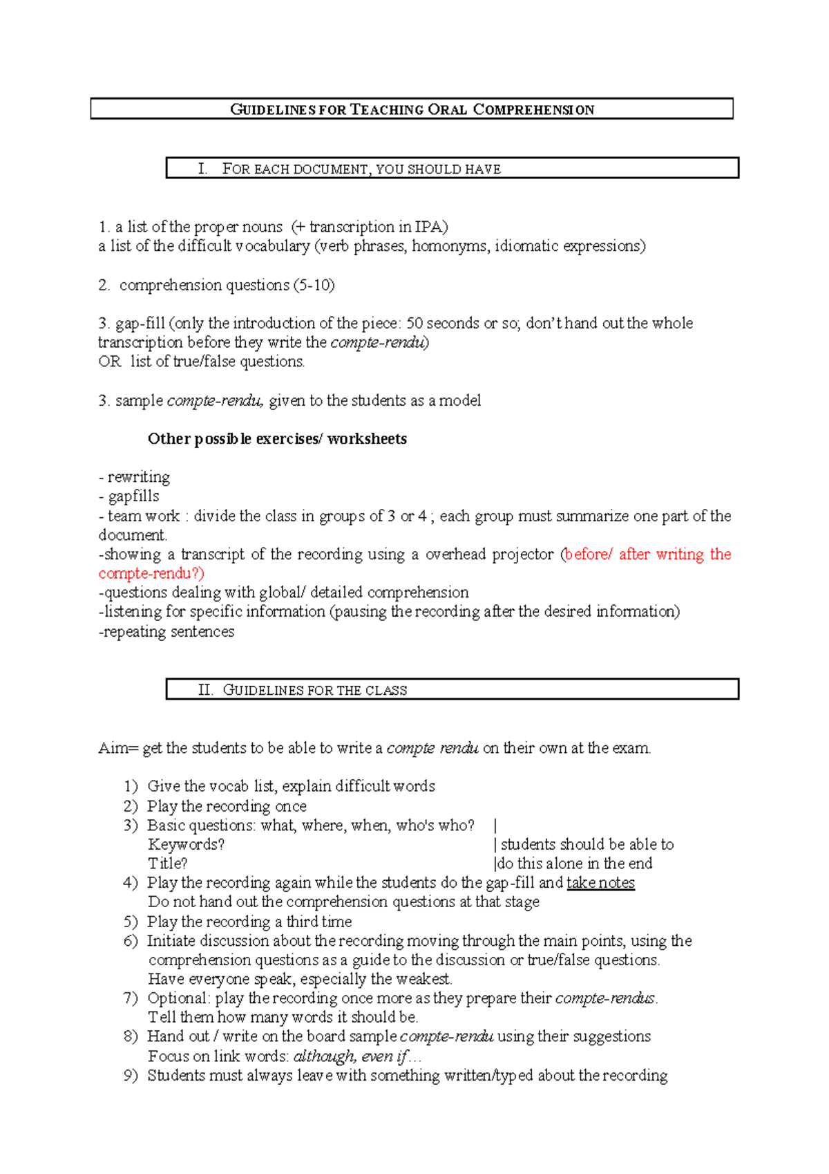 Guidelines For Teaching Oral Comprehension GUIDELINES FOR TEACHING