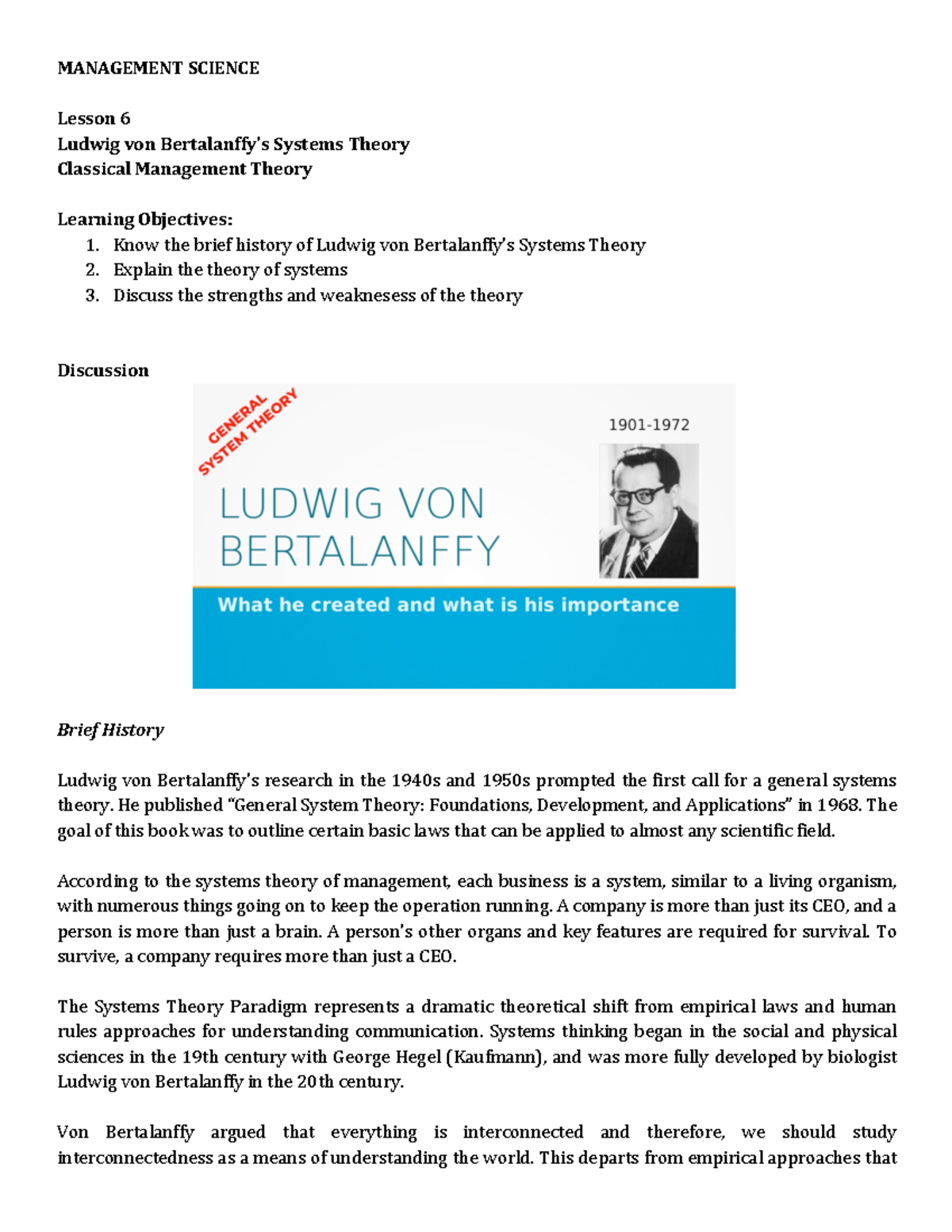 6Ludwig+von+Bertalanffy - MANAGEMENT SCIENCE **Lesson 6 Ludwig von ...
