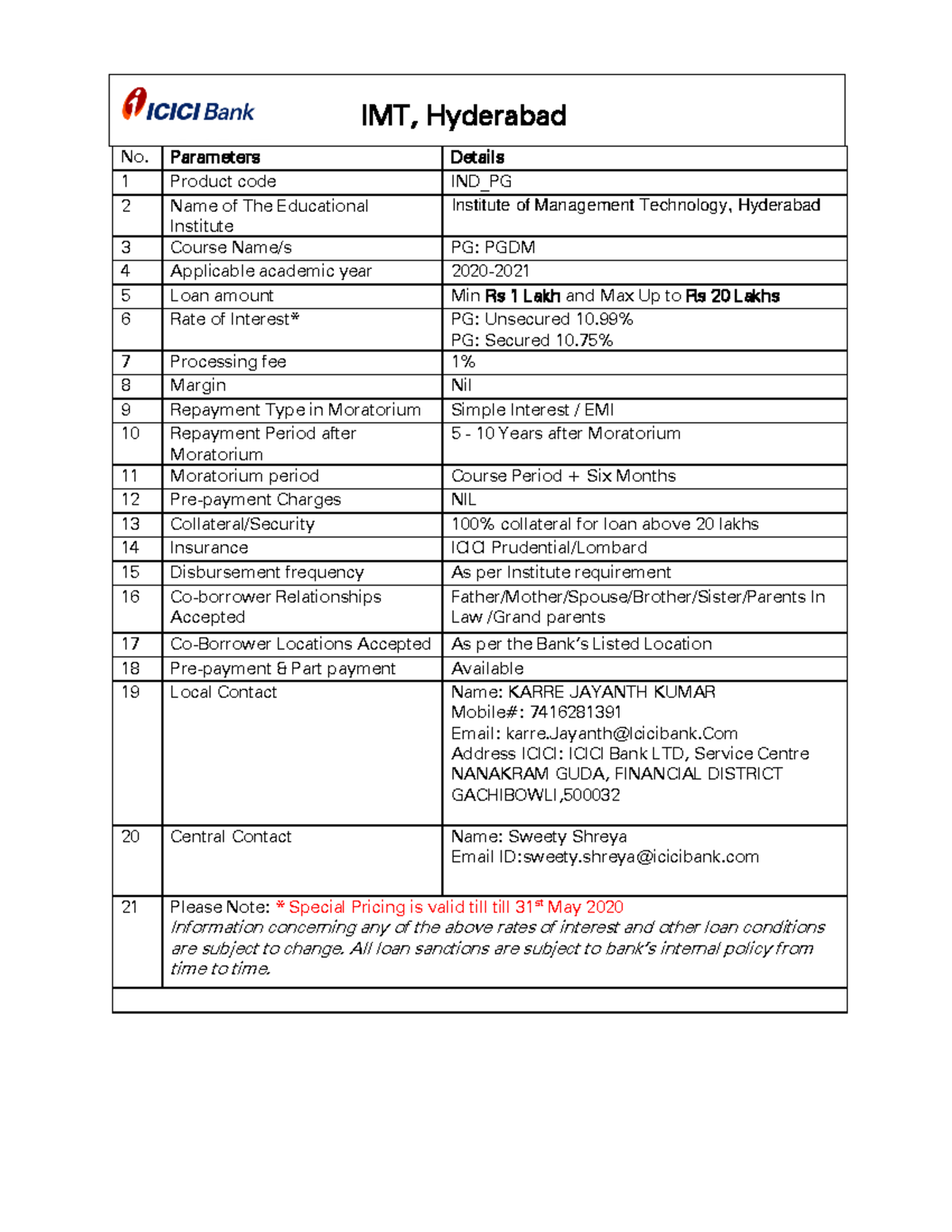 IMT Hyderabad Icici EL Offer - No. Parameters Details 1 Product code ...