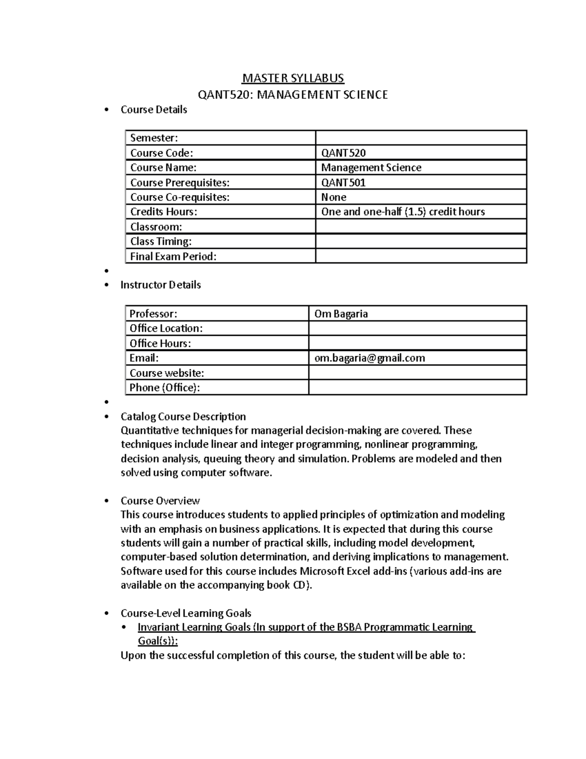 QANT520 Spring 2019 Syllabus - MASTER SYLLABUS QANT520: MANAGEMENT ...