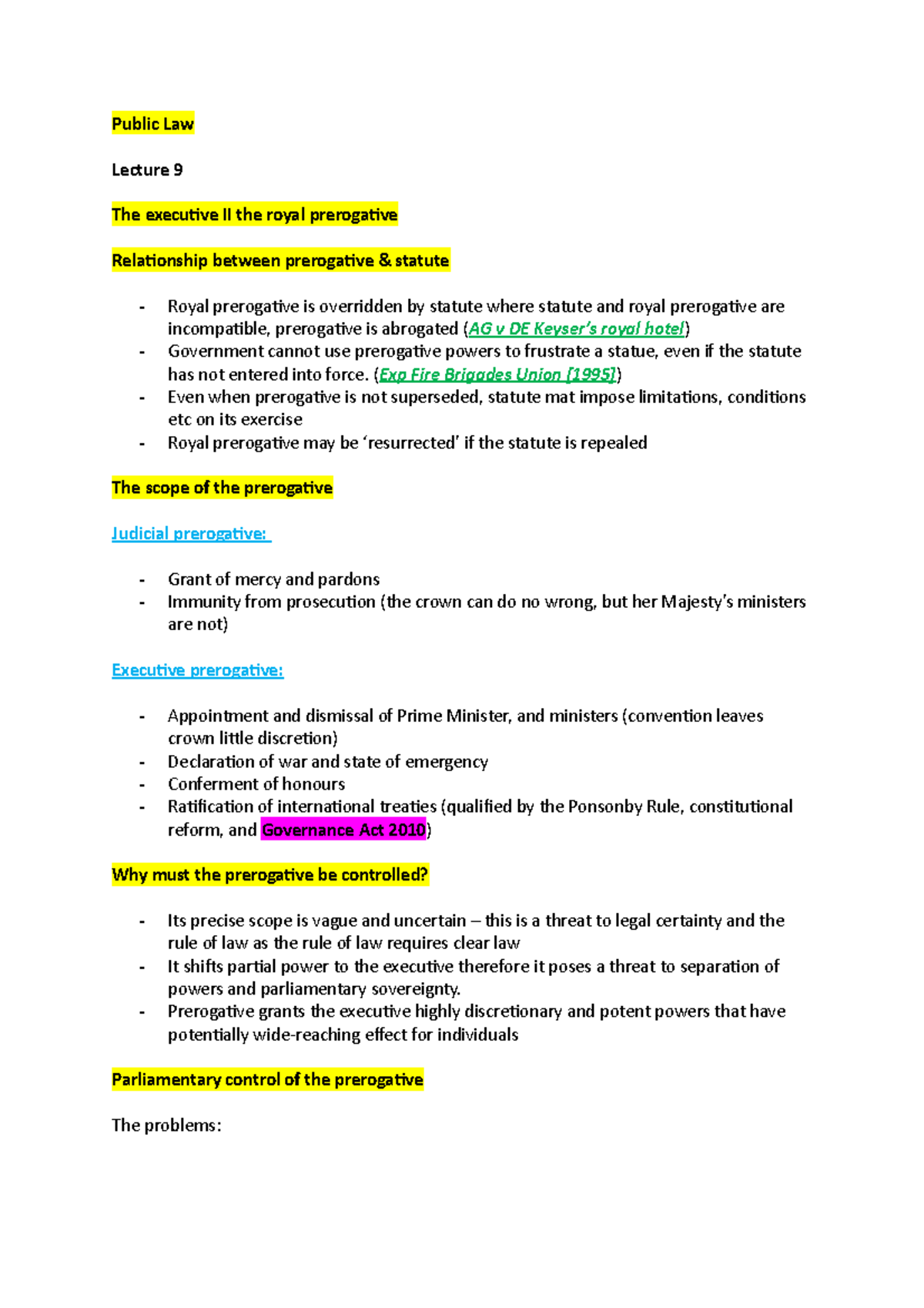 Lecture 9 - The executive II royal prerogative - Public Law Lecture 9 ...