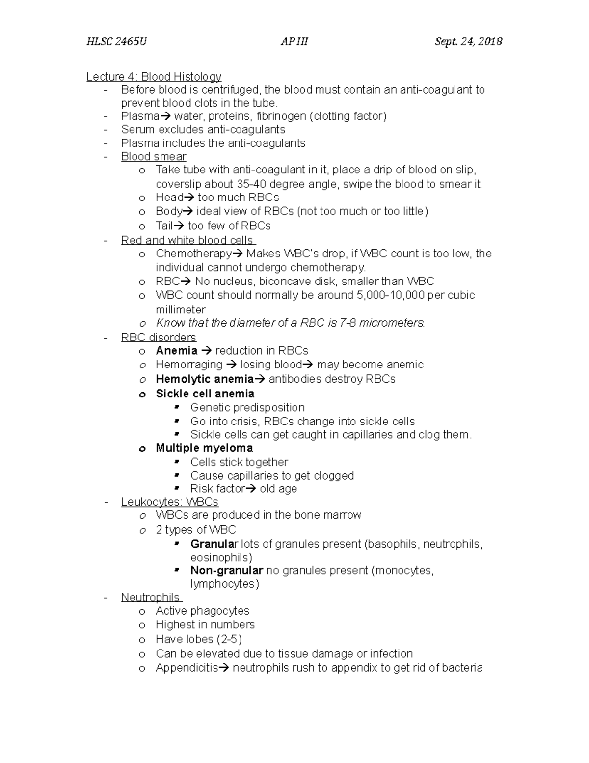Lecture 4 Blood histology - HLSC 2465U AP III Sept. 24, 2018 Lecture 4 ...