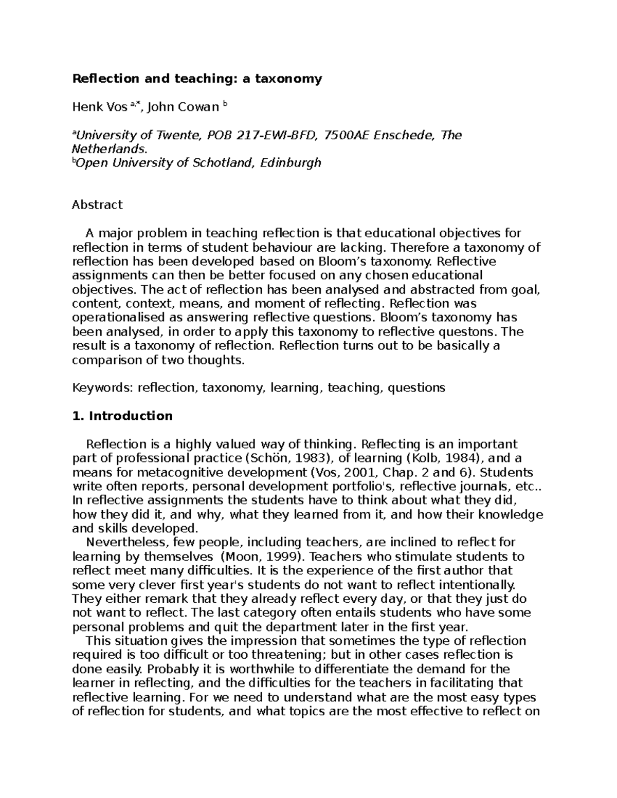 Refl+Teach Taxonomy Doc Pi - Reflection and teaching: a taxonomy Henk ...
