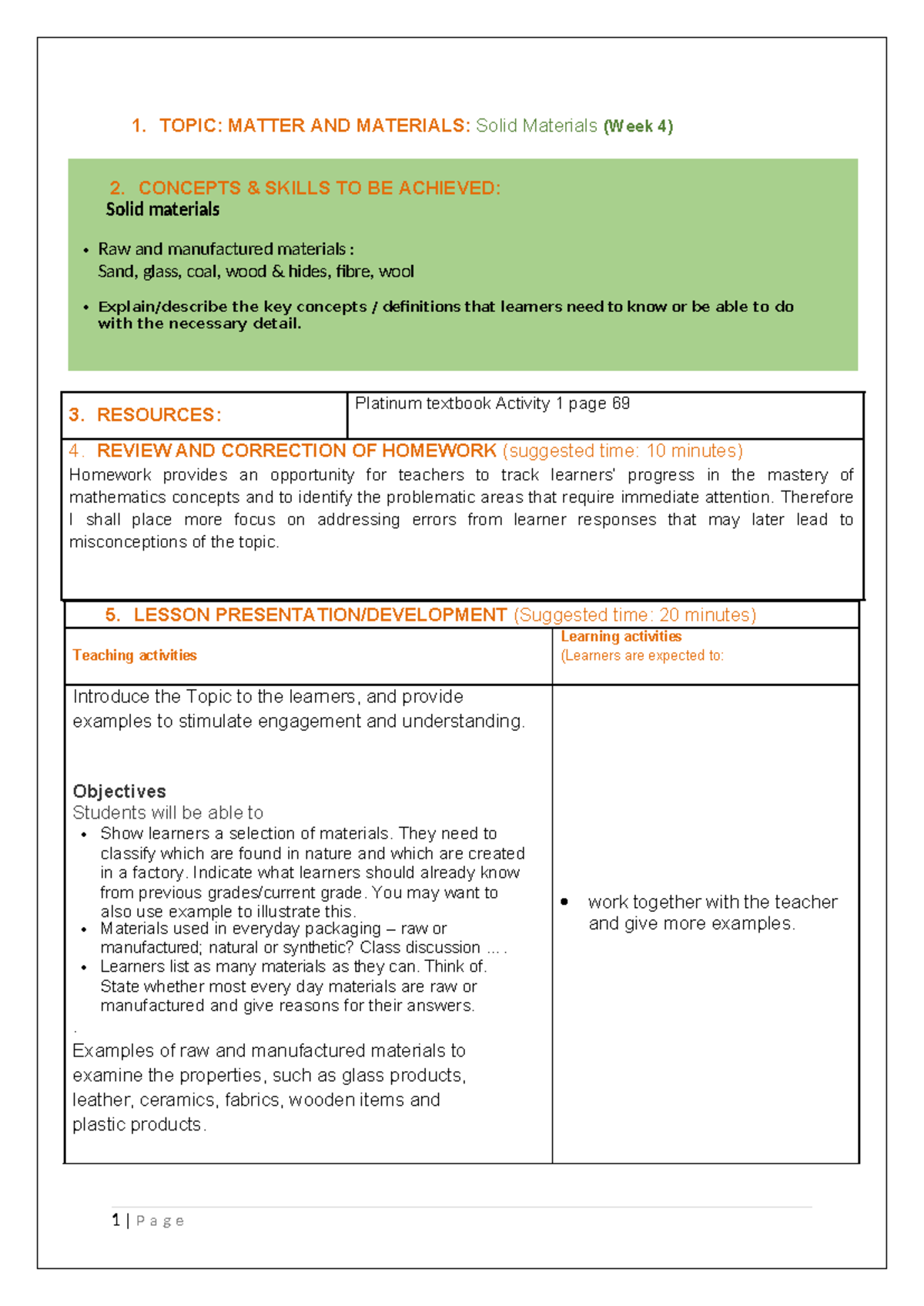 Lesson plan term 2 gr 6 maths 2 - 1. TOPIC: MATTER AND MATERIALS: Solid ...