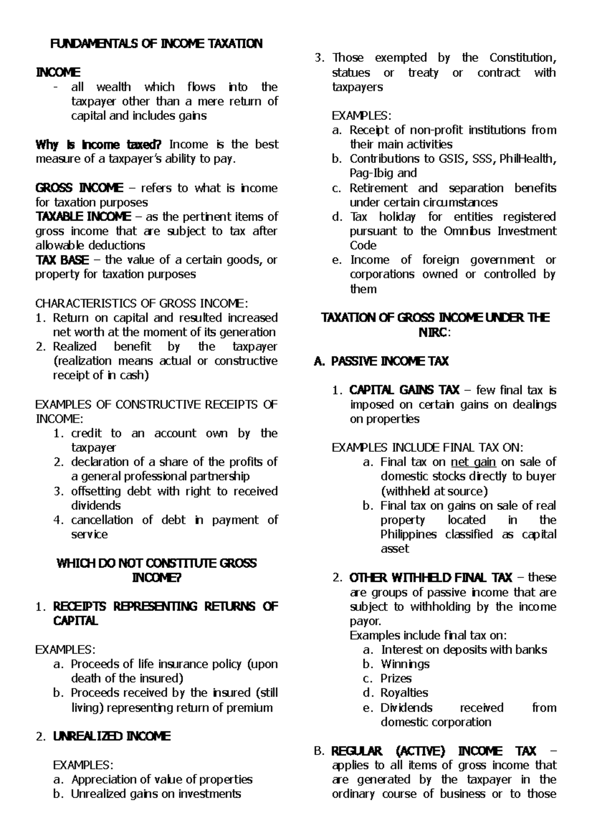 NOTES ON TAXATION - FUNDAMENTALS OF INCOME TAXATION INCOME all wealth ...