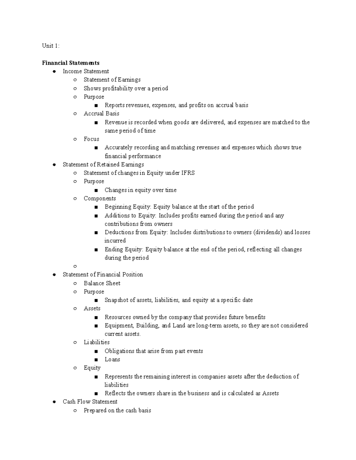 Notes - Unit 1: Financial Statements Income Statement Statement of ...