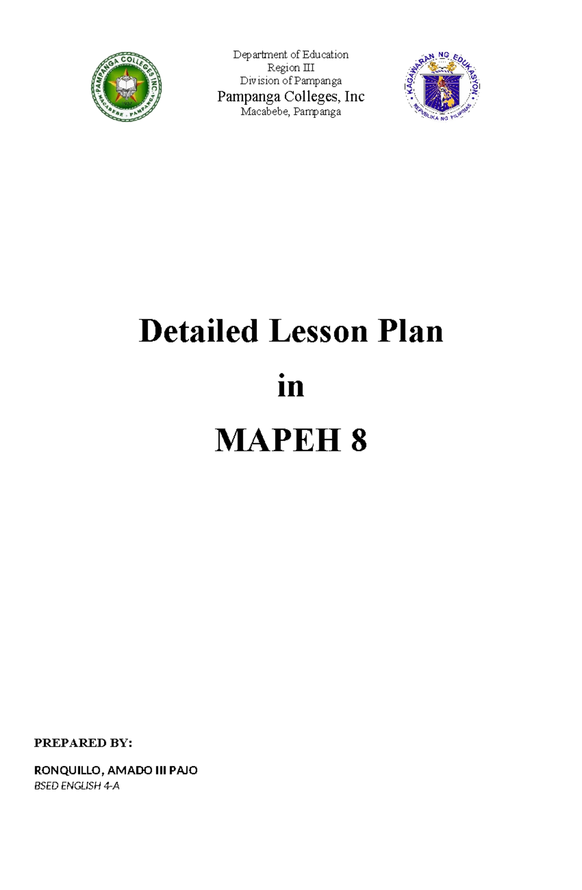 Lesson Plan in Mapeh 8 - Department of Education Region III Division of ...