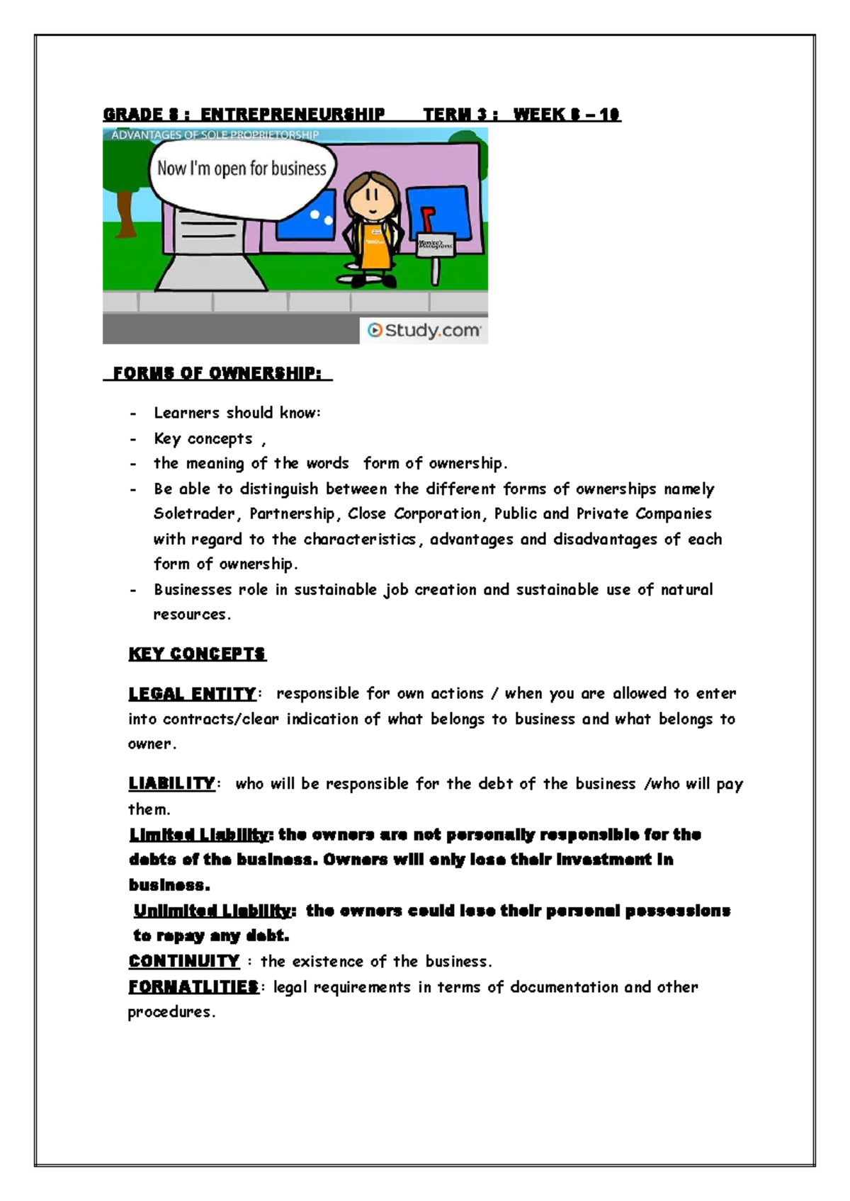 Gr. 8 TERM 3 notes - grade 8 - GRADE 8 : ENTREPRENEURSHIP TERM 3 : WEEK ...