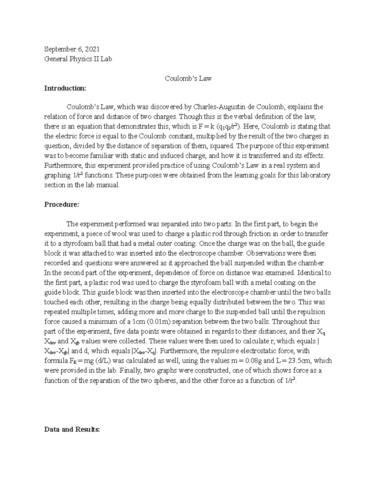 Lab 1 Coulomb's Law - September 6, 2021 General Physics II Lab Coulomb ...