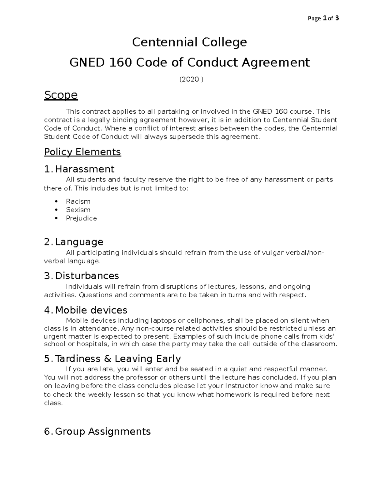Centennial College GNED 160 Code of Conduct Agreement - Studocu