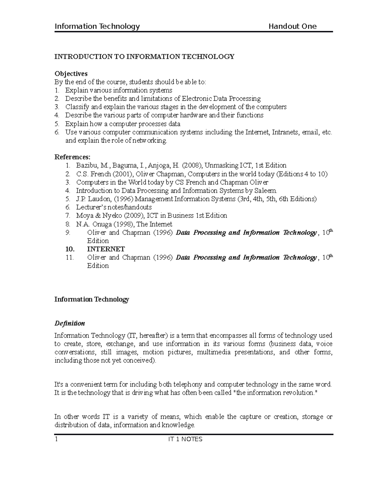 ICTnotes - Ict - INTRODUCTION TO INFORMATION TECHNOLOGY Objectives By ...