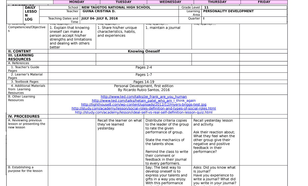 Pdfcoffee - PerDev DLL for the whole semester. - DAILY LESSO N LOG School NEW TAUGTOG NATIONAL ...