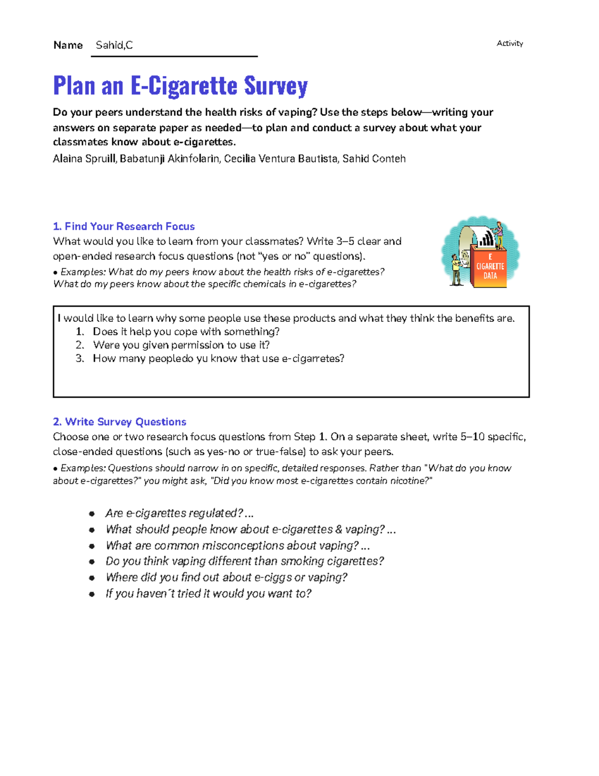 Copy of Plan an E-Cigarette Survey - Name Sahid,C Activity Plan an E ...