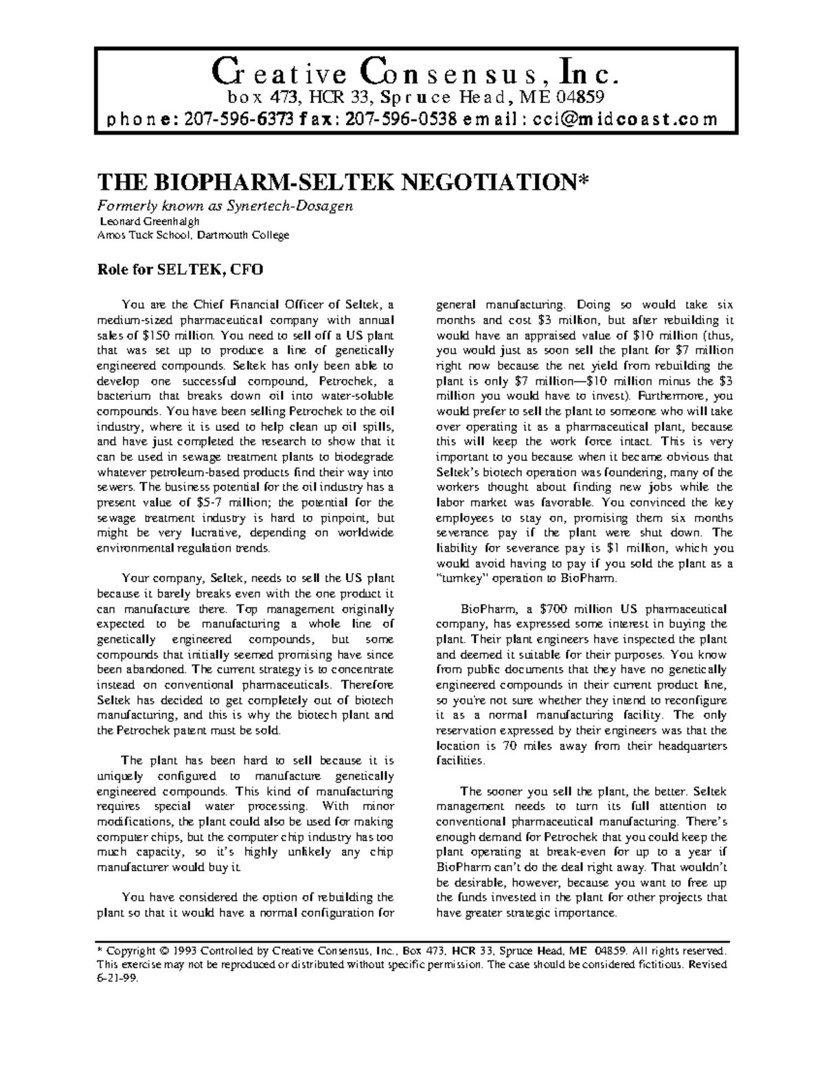 Seltek - Copyright © 1993 Controlled by Creative Consensus, Inc., Box ...