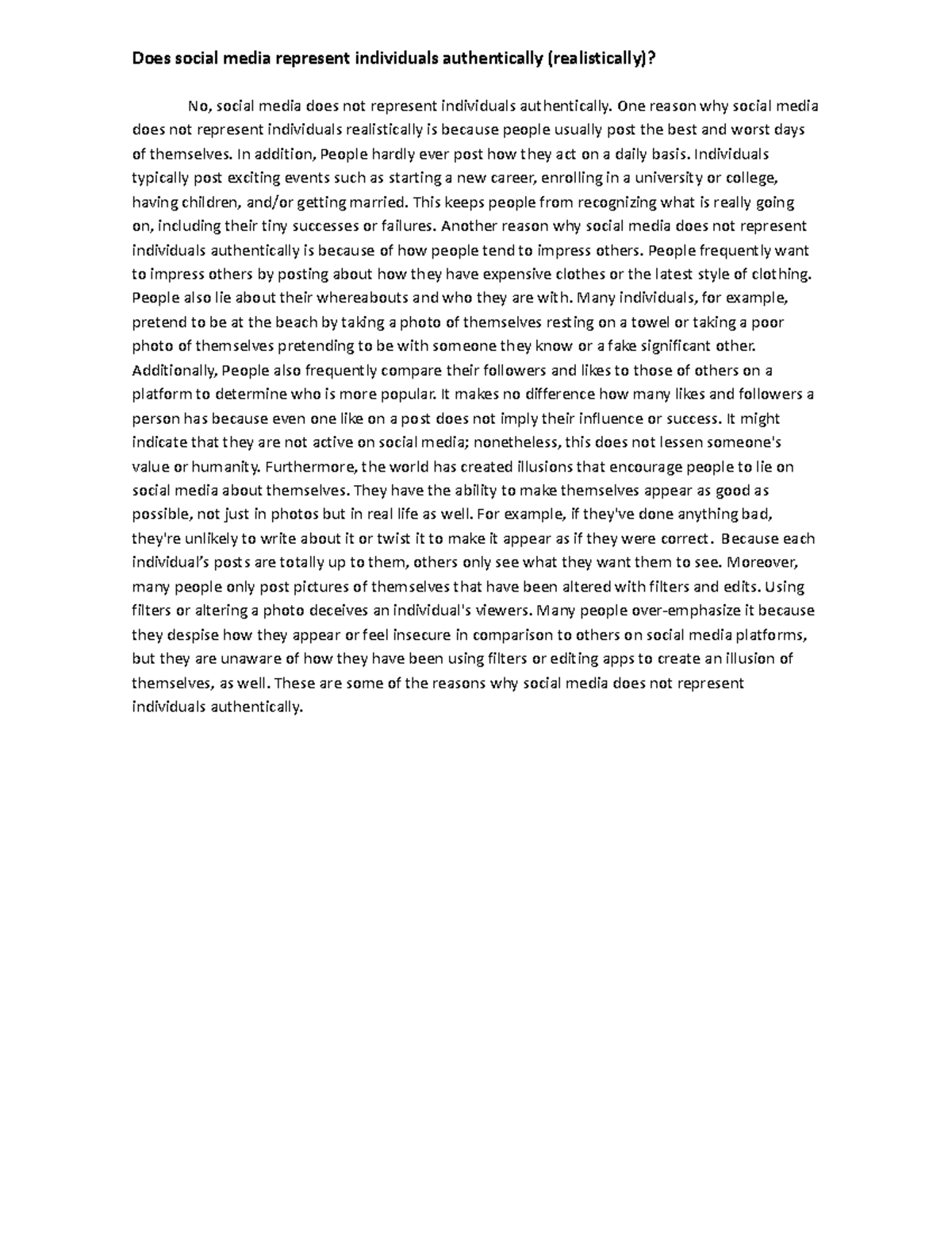 Good Copy of Final Paragraph - Does social media represent individuals authentically - Studocu