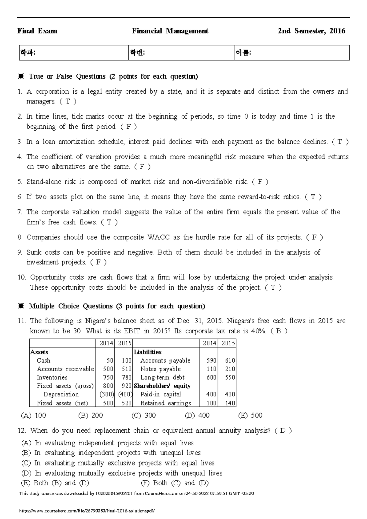 Final 2016 solutions - Reviewer for you! - Final Exam Financial ...