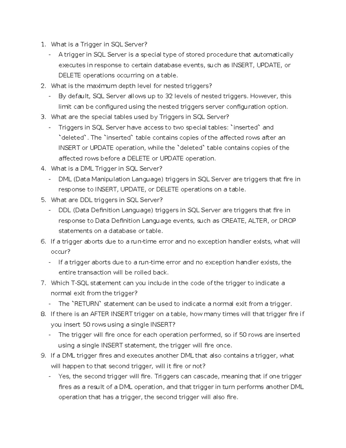Interview Questions - What is a Trigger in SQL Server? A trigger in SQL ...