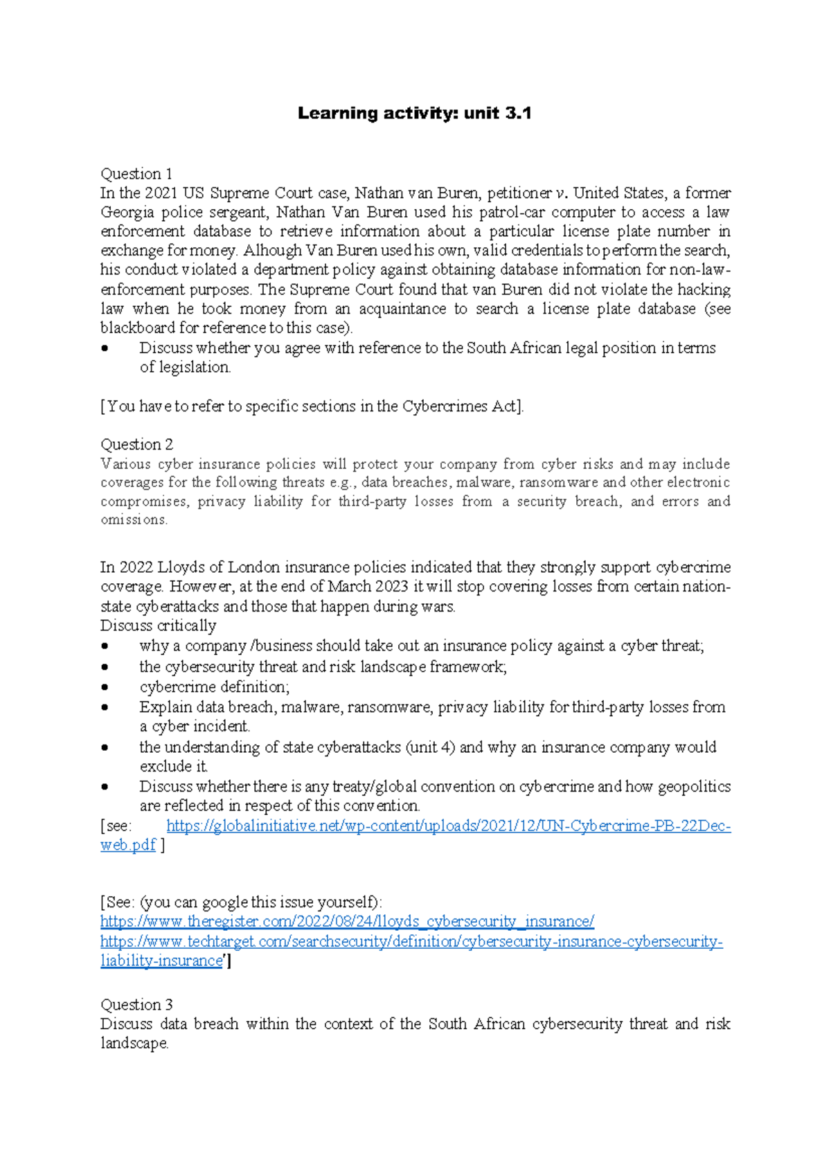 Learning activity unit 3 - Question 1 In the 2021 US Supreme Court case ...