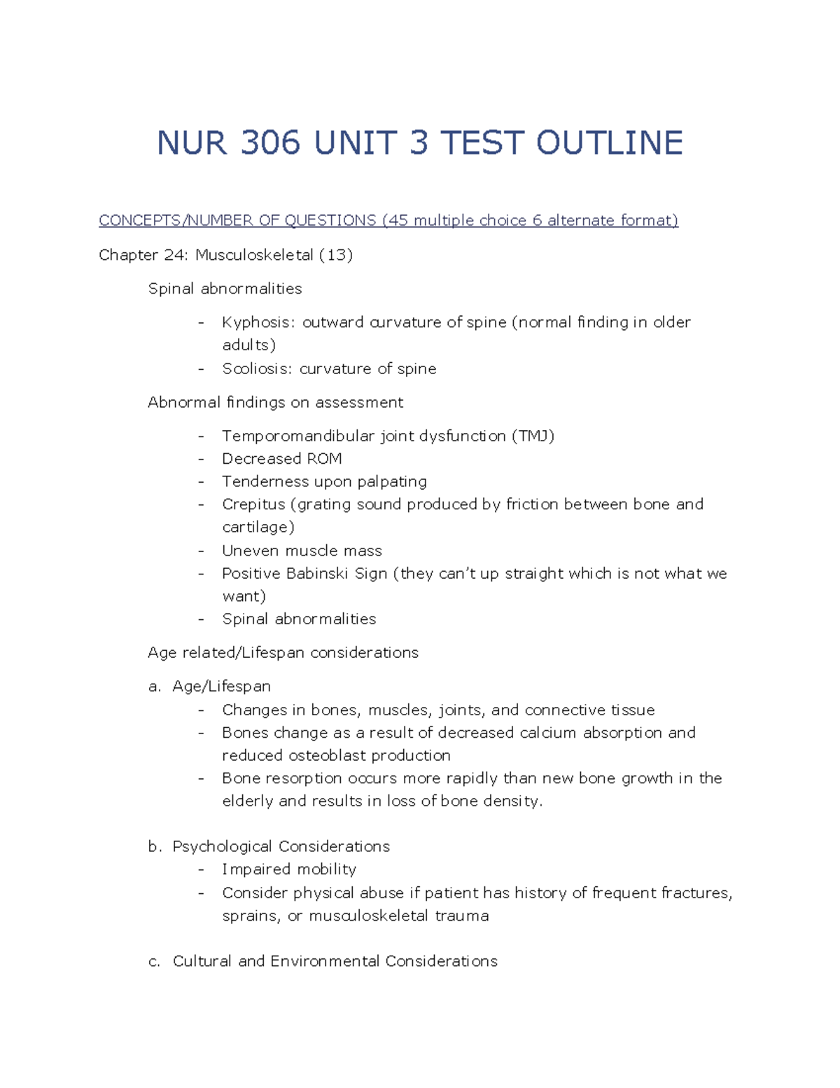 UNIT 3 TEST Outline SP23 - NUR 306 UNIT 3 TEST OUTLINE CONCEPTS/NUMBER ...