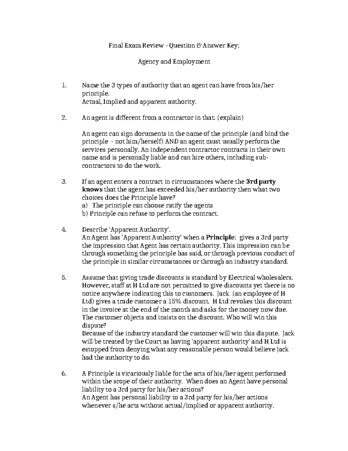 Agency & Employemnt Q & A - Final Exam Review - Question & Answer Key ...