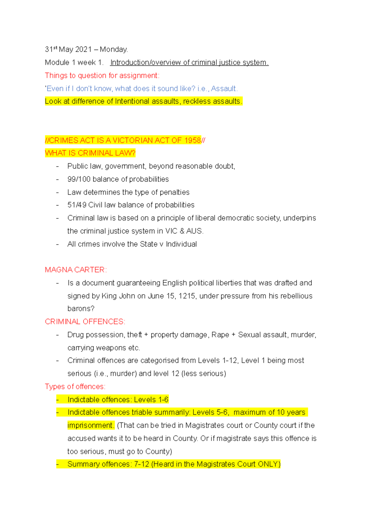 Module 1 notes - intro to crim law - 31 st May 2021 – Monday. Module 1 ...