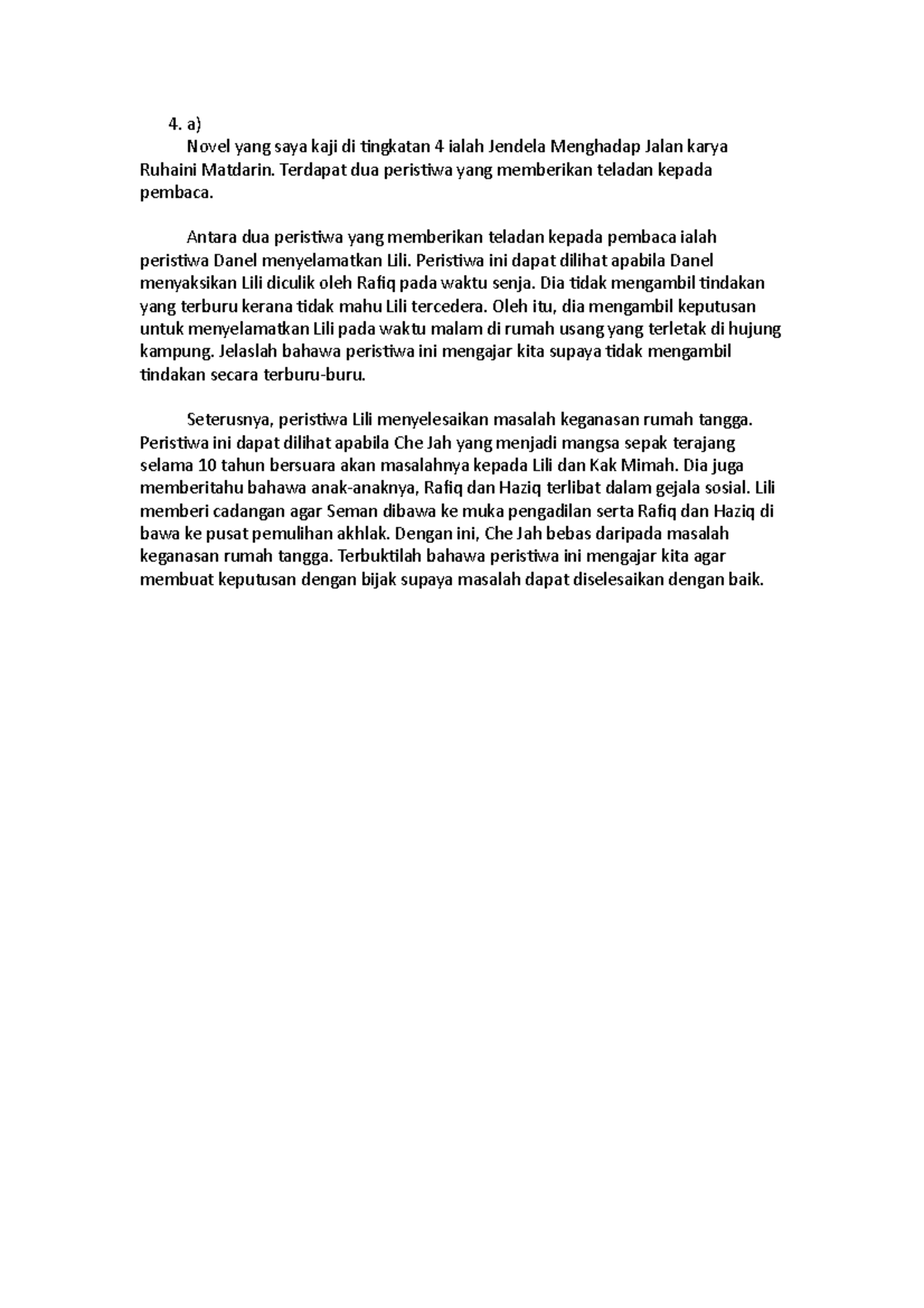 Latihan Komsas - Jendela Menghadap Jalan - a) Novel yang saya kaji di ...