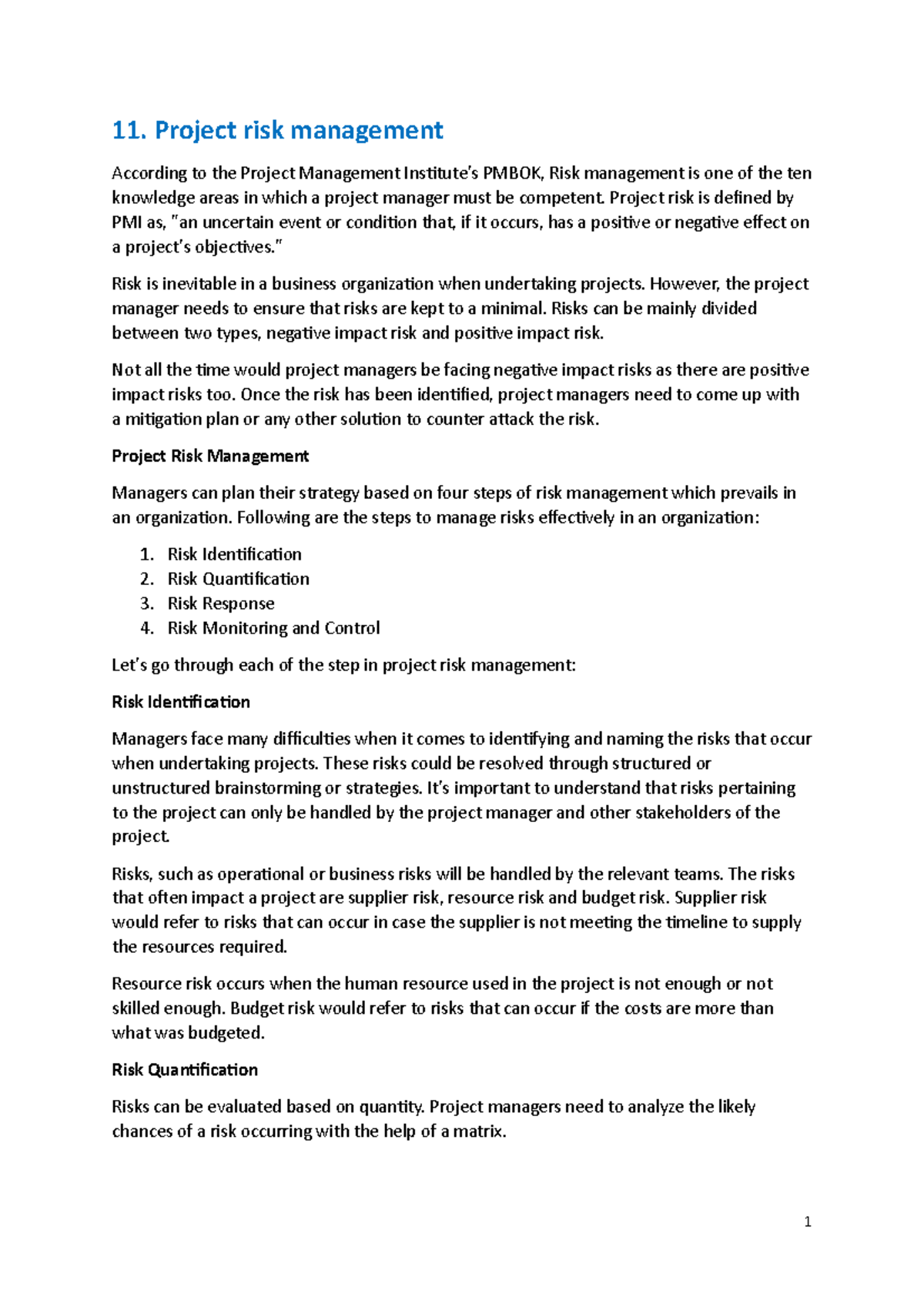 11. Project risk management - 11. Project risk management According to ...