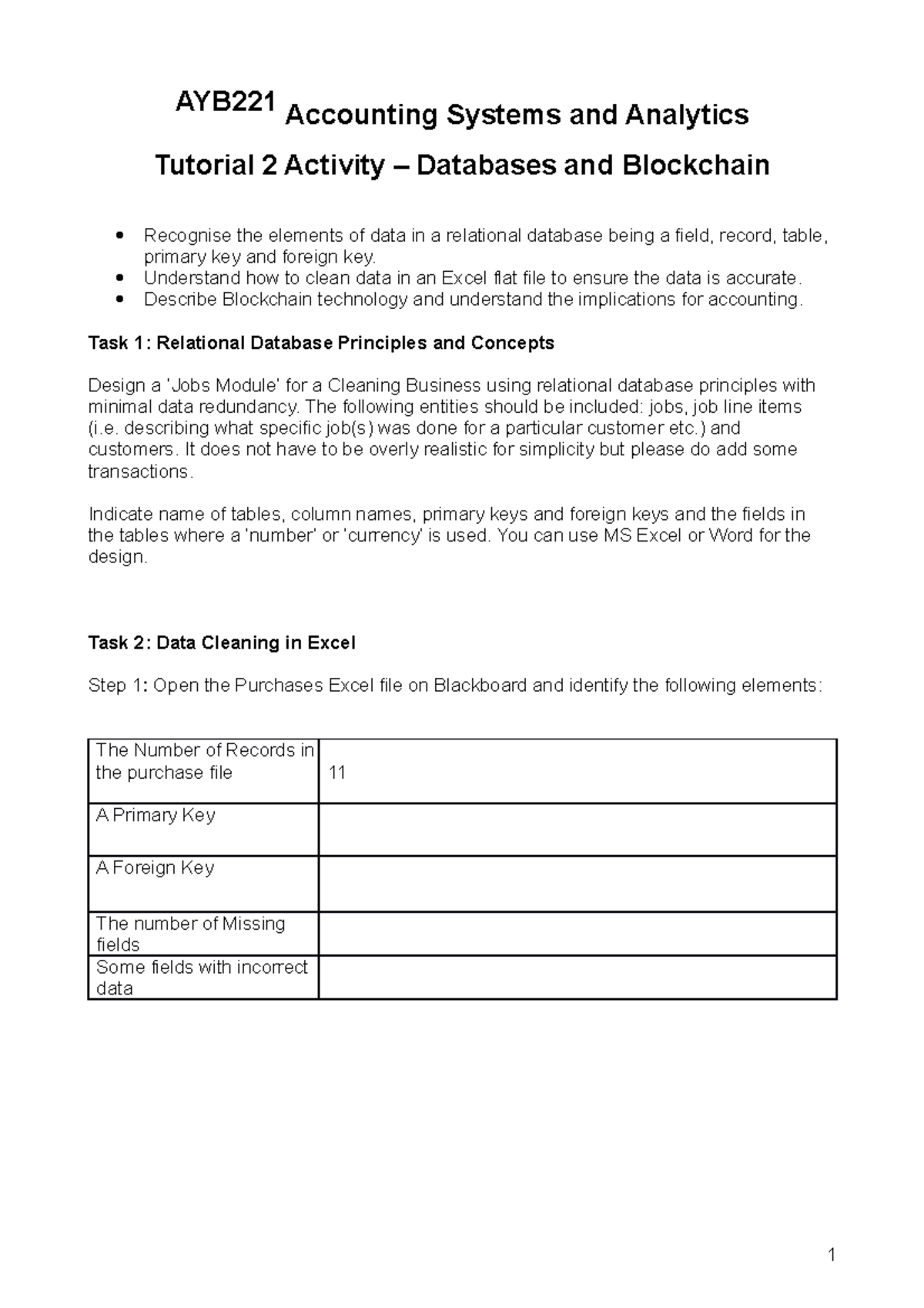 Tutorial 2 Activity - Databases and BC - AYB Accounting Systems and ...
