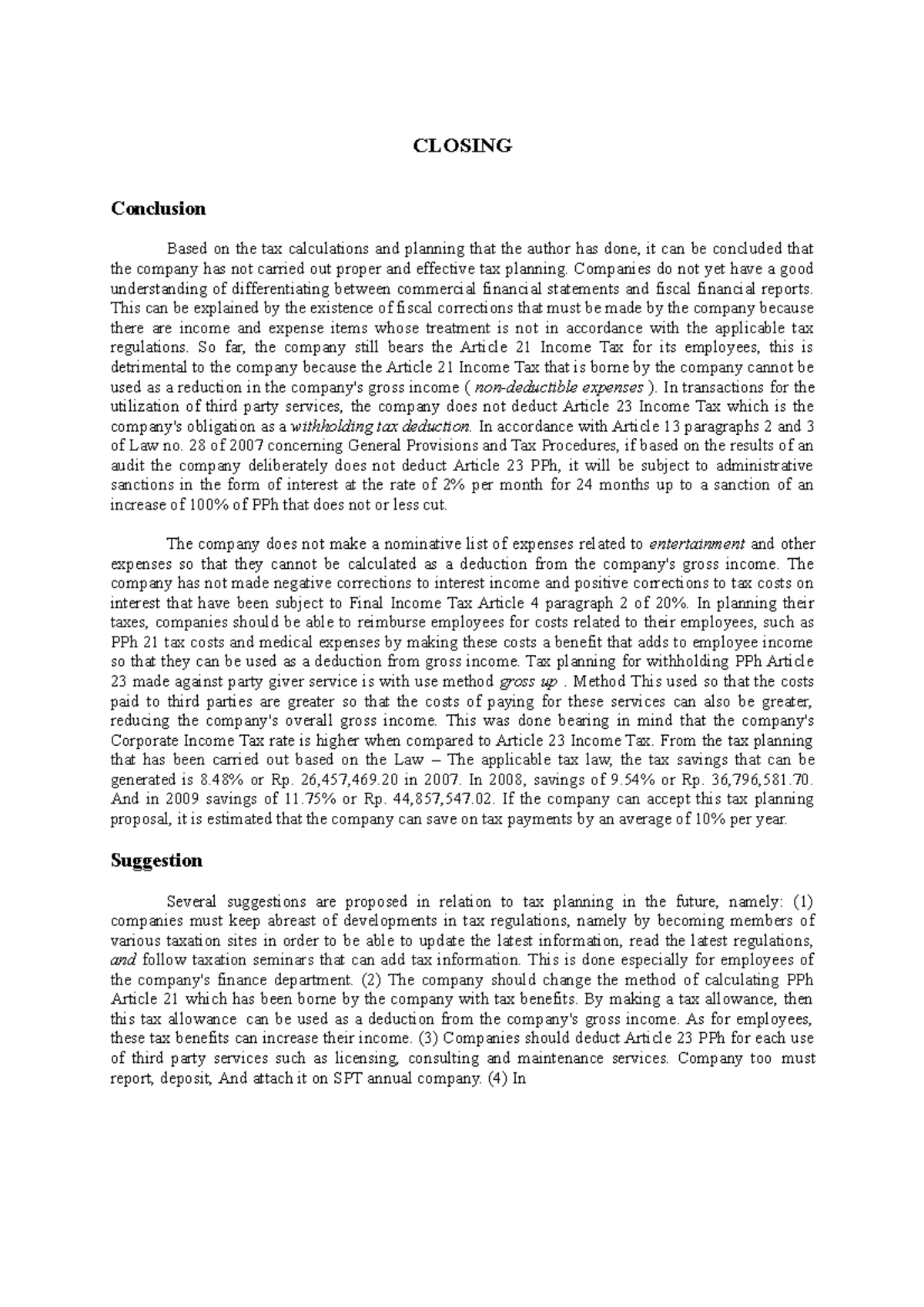 Corporate tax closing - CLOSING Conclusion Based on the tax ...