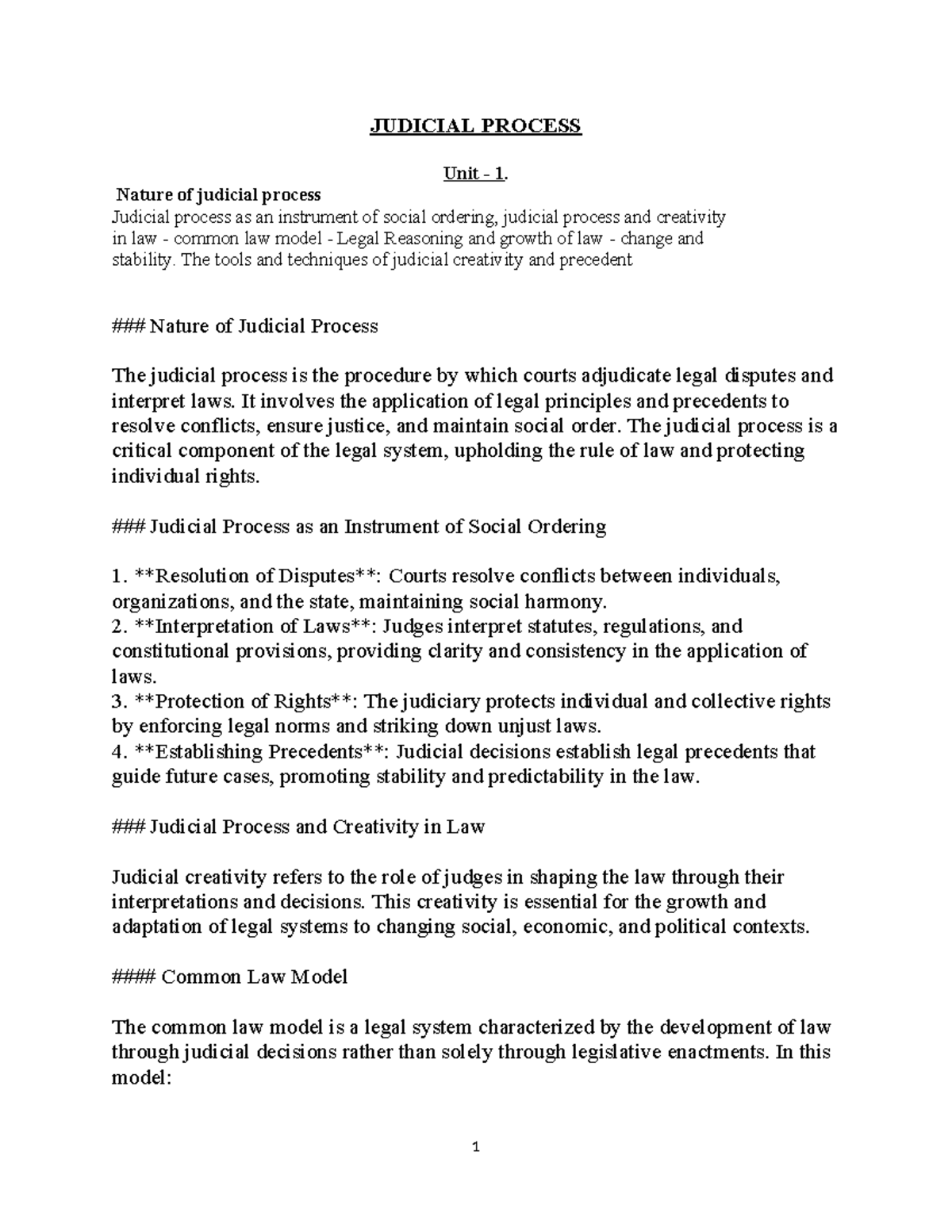 Judicial Process - JUDICIAL PROCESS Unit - 1. Nature of judicial ...