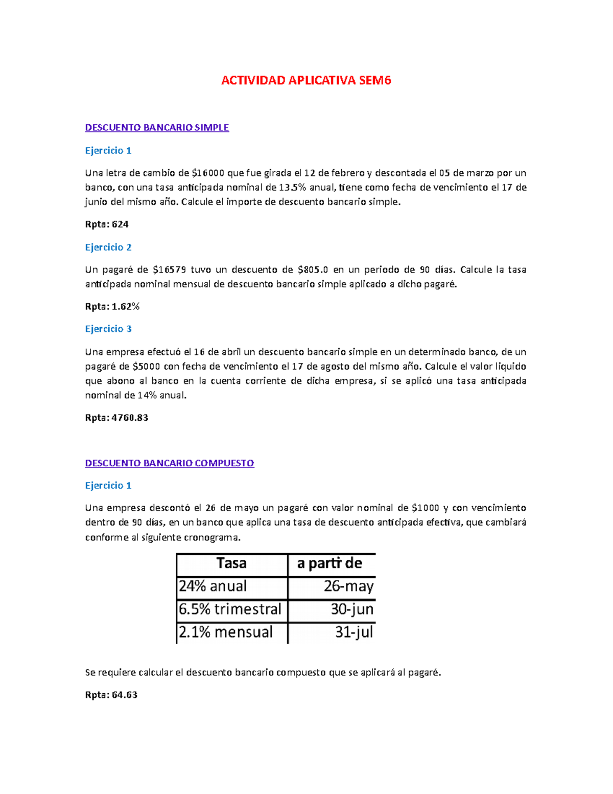 Actividad Aplicativa SEM6 - ACTIVIDAD APLICATIVA SEM DESCUENTO BANCARIO SIMPLE Ejercicio 1 Una ...