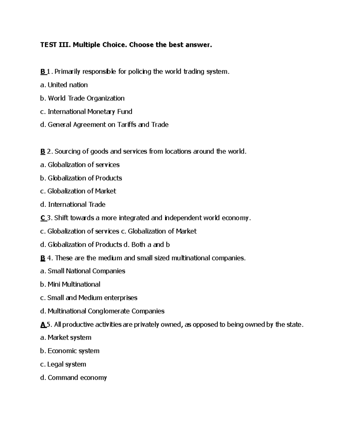 Multiple Choice International Business and Trade - TEST III. Multiple ...