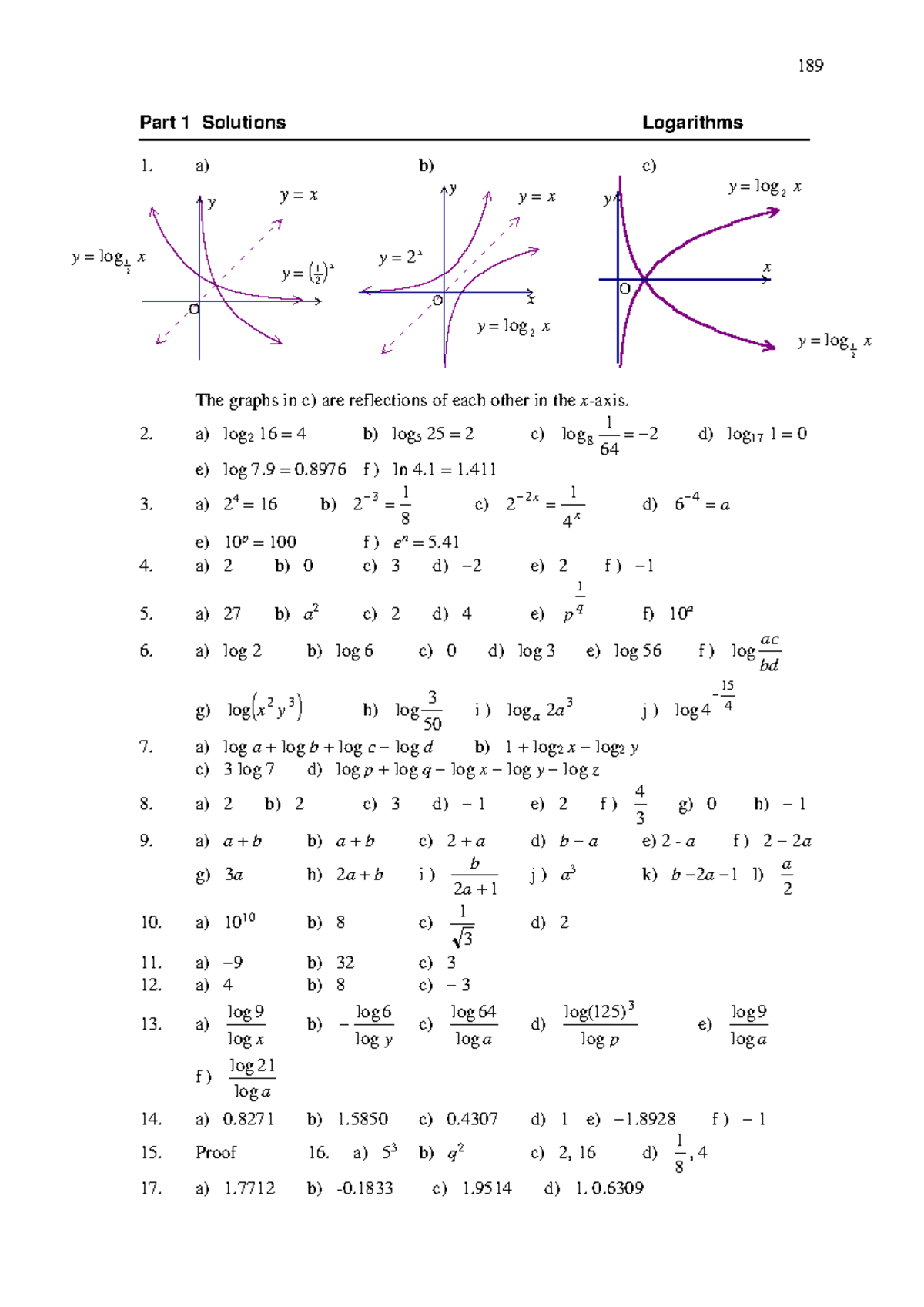 Tut logs memo - For students - 189 Part 1 Solutions Logarithms a) b) c ...