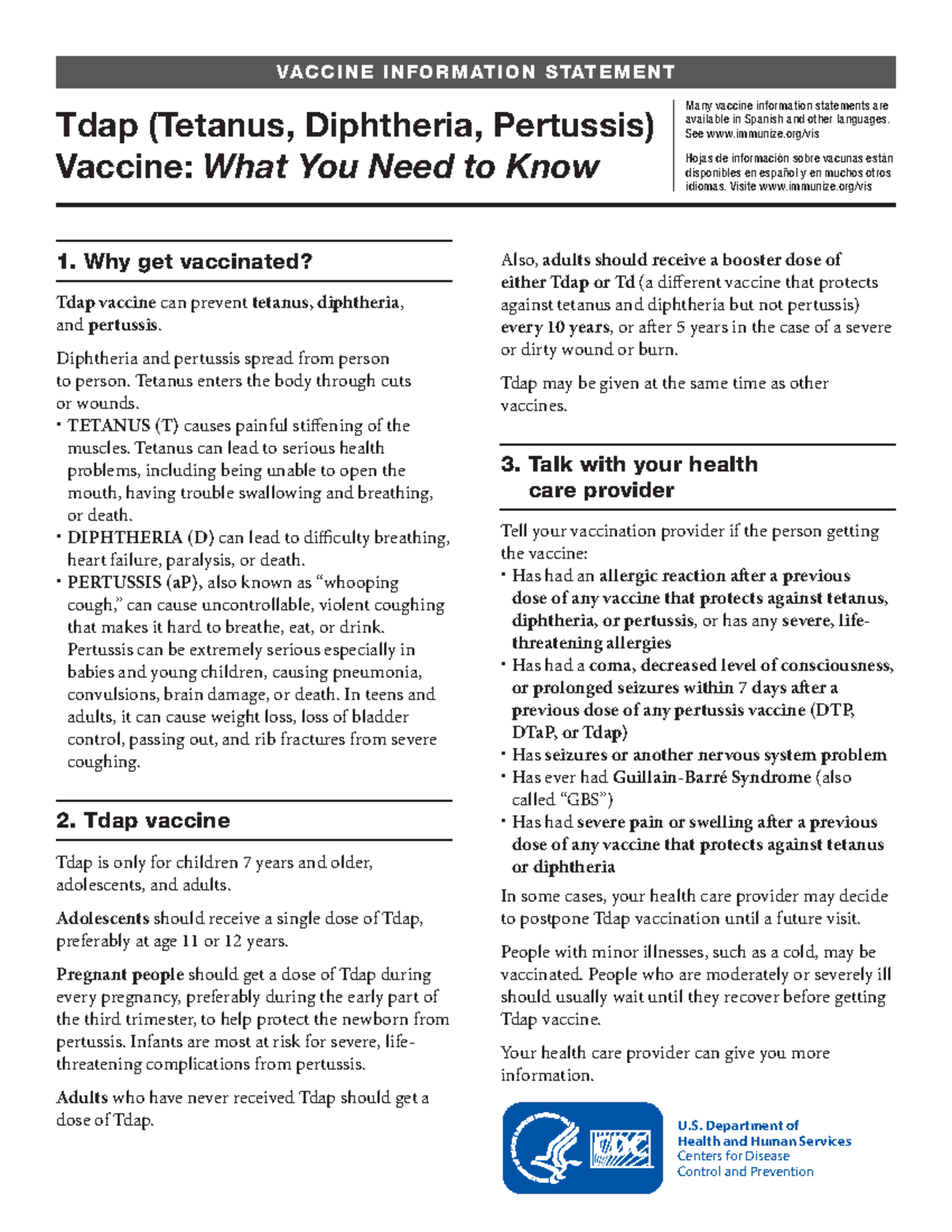 Vaccine Information Statement-Tda P - RNSG-1105 - TCCD - Studocu
