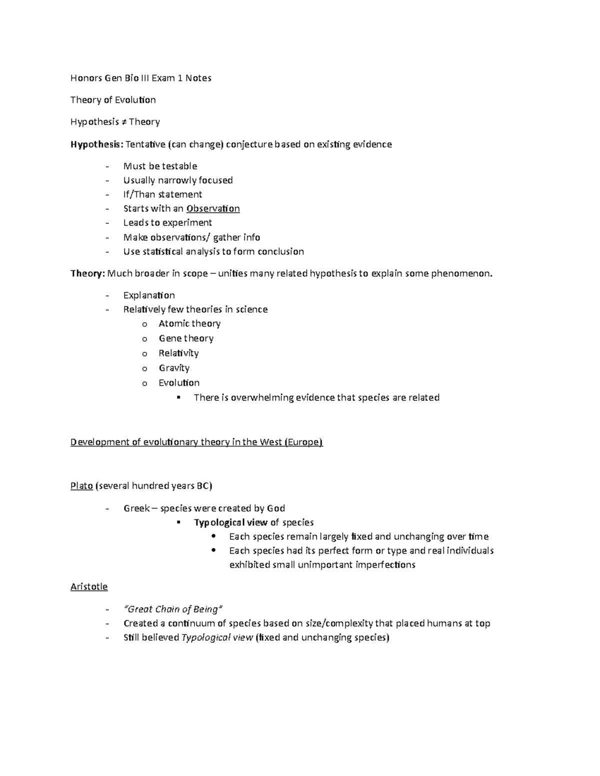 GenBio3 Exam 1 - Honors Gen Bio III Exam 1 Notes Theory of Evolution ...
