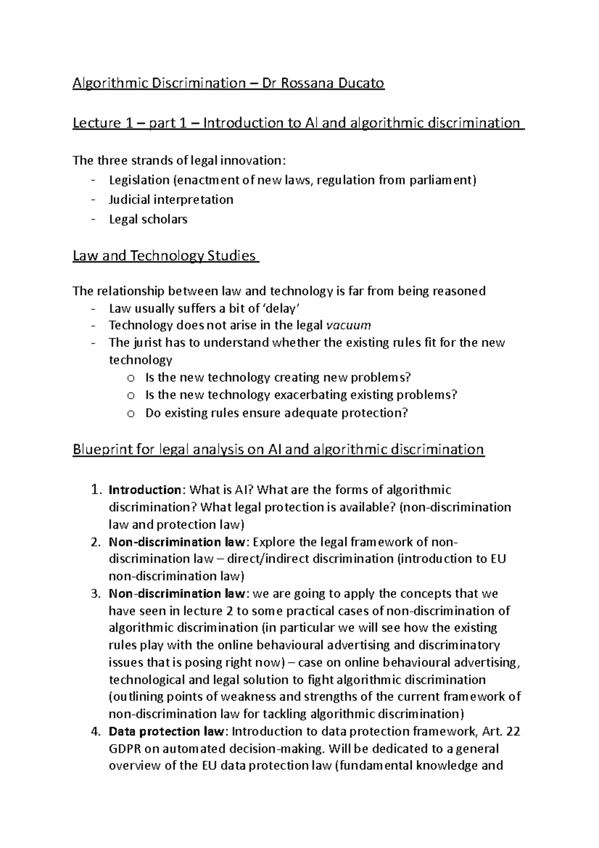 Lecture 1 - Part 1 - Algorithmic Discrimination – Dr Rossana Ducato Lecture 1 – part 1 – - Studocu