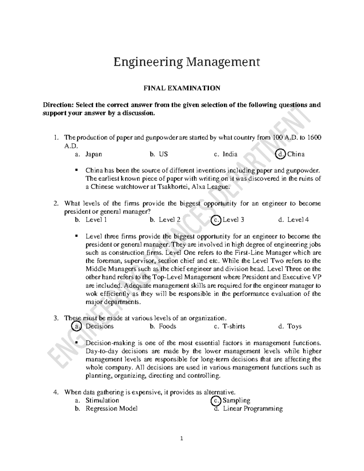 Engineering Management Exam with Explanations - Civil Engineering - La ...
