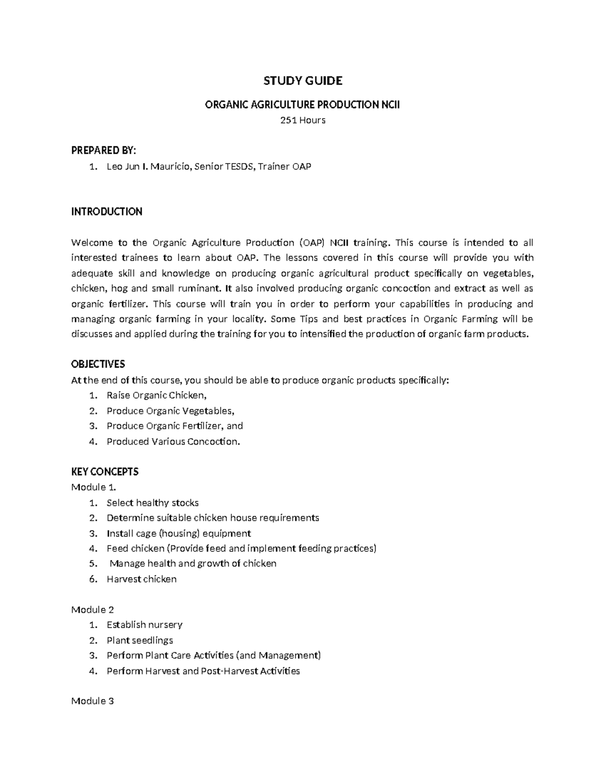 Study Guide - STUDY GUIDE ORGANIC AGRICULTURE PRODUCTION NCII 251 Hours ...