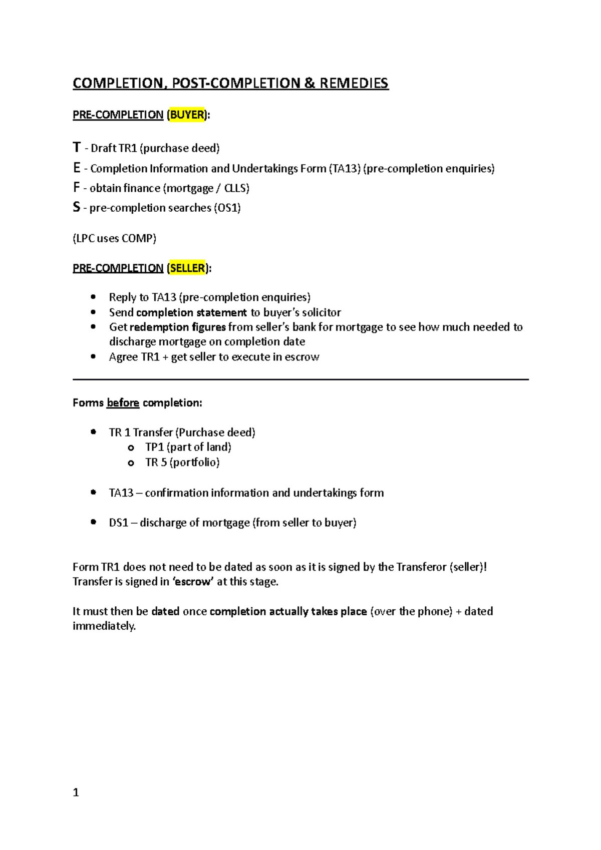 Completion note (exam) - COMPLETION, POST-COMPLETION & REMEDIES PRE ...
