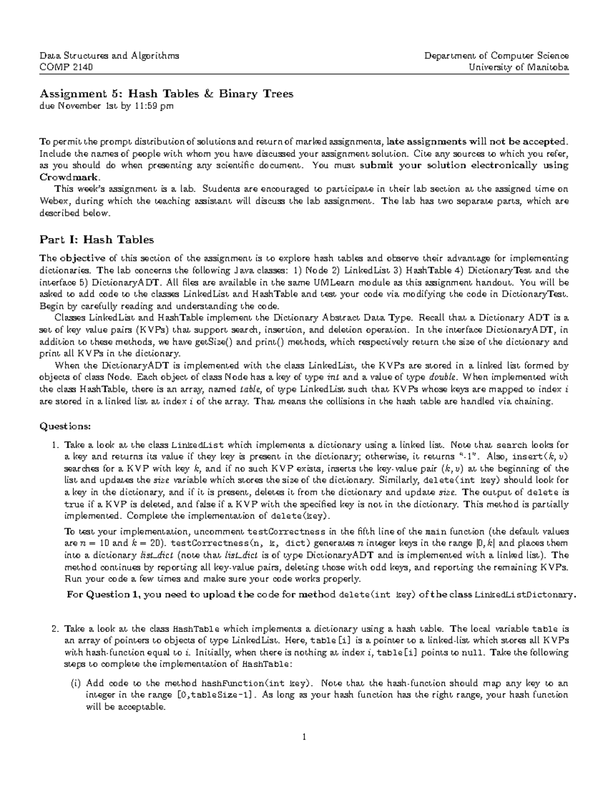 A5 - Assignment 5 - Data Structures and Algorithms COMP 2140 Department of Computer Science ...