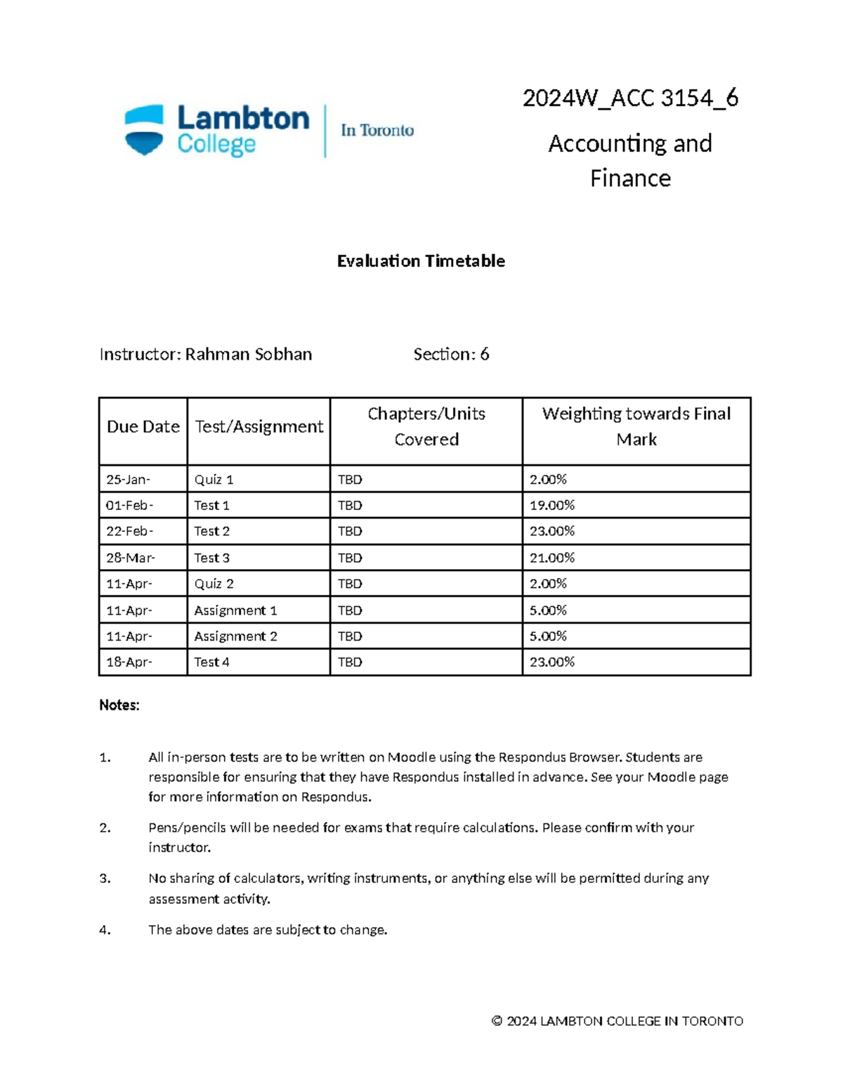 Evaluation Timetable 2024w Acc 3154 6 2024wacc 3154 Accounting And