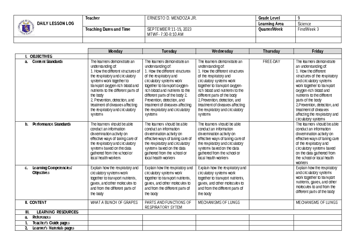 DLL Q1 Science 9 WEEK 3 - lesson plan - DAILY LESSON LOG Teacher ...