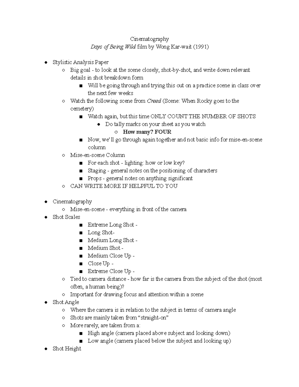 FILM 114 Lecture 3 Notes - Cinematography Days of Being Wild film by ...