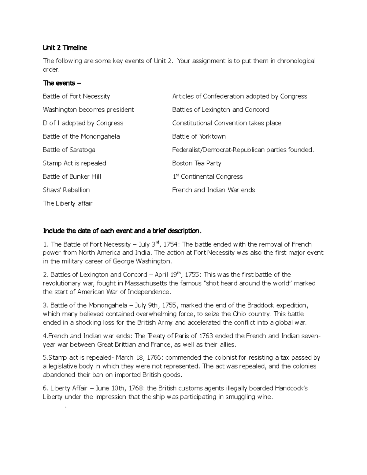 Unit 2 timeline 2 - Unit 2 Timeline The following are some key events ...