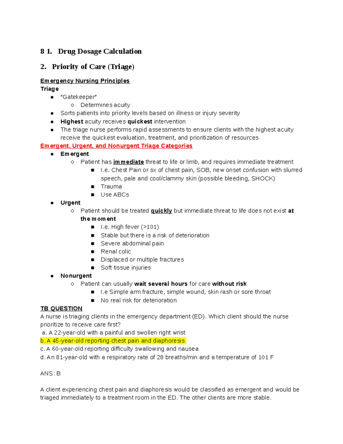Complex Unit 1 Test Review - 8 1. Drug Dosage Calculation 2. Priority ...