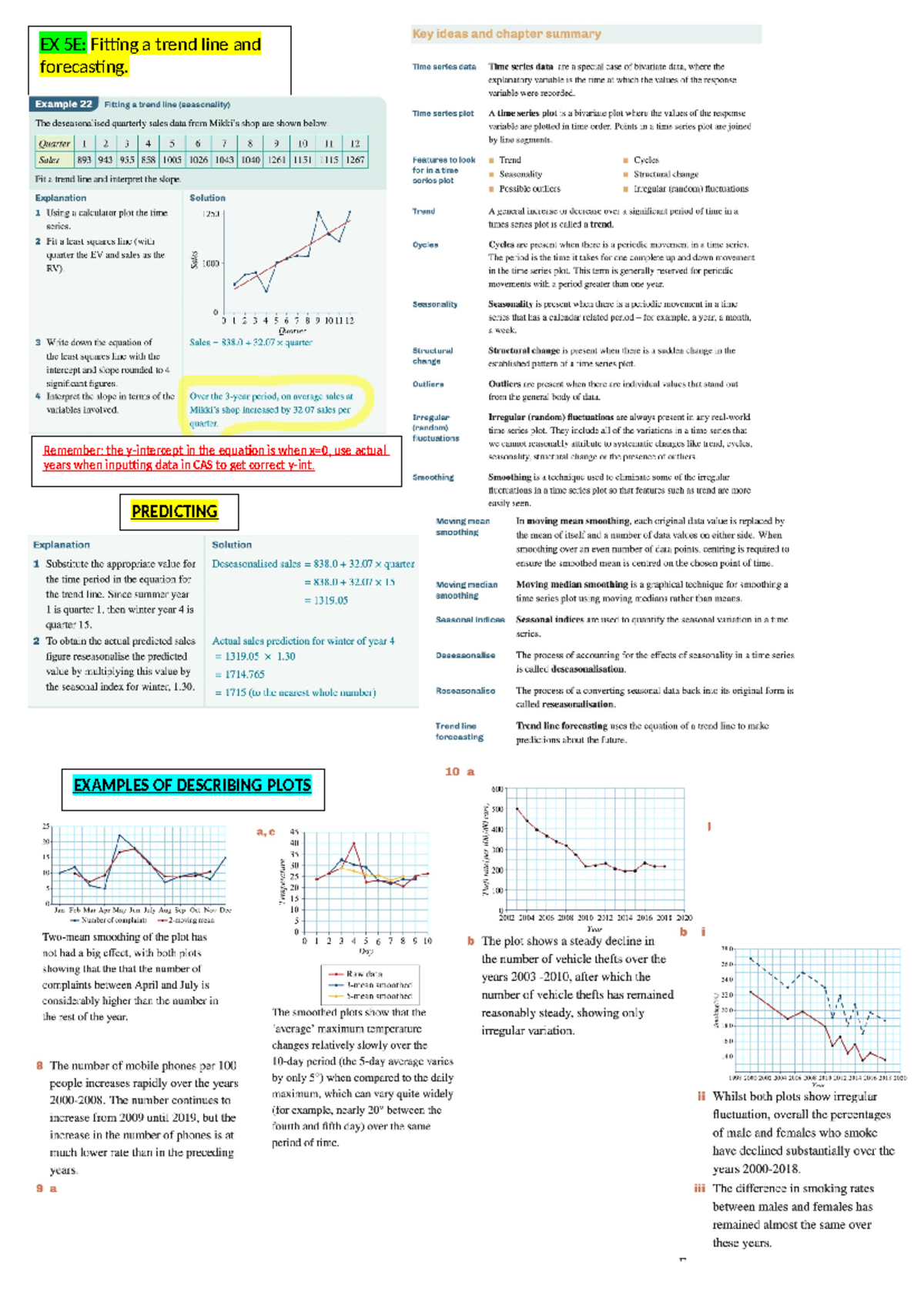 CHPT 5 Summary Sheet - EX 5E: Fitting a trend line and forecasting. Remember: the y-intercept in ...