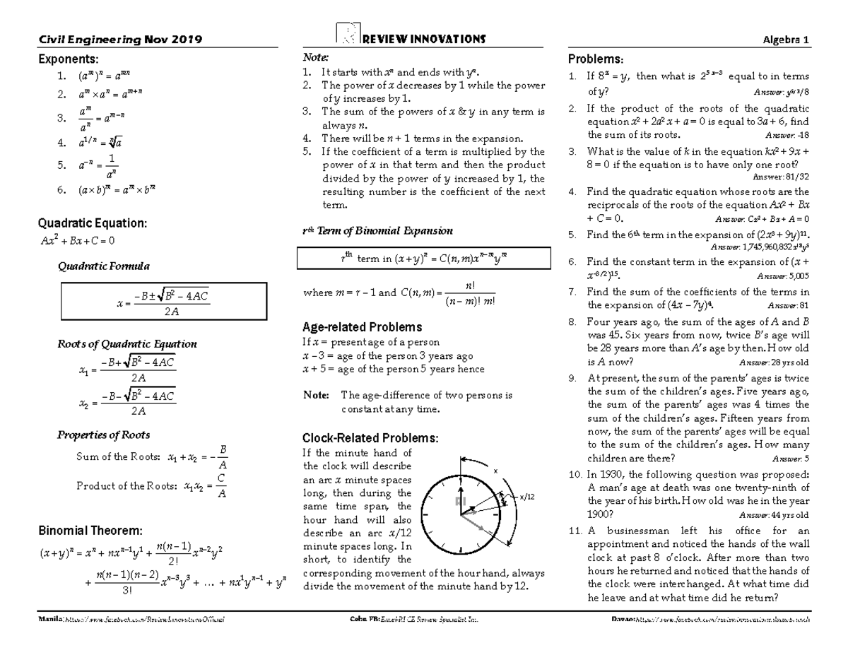2019 Nov Algebra 1 1 - Basic Math by Bisavilla - Civil Engineering Nov ...