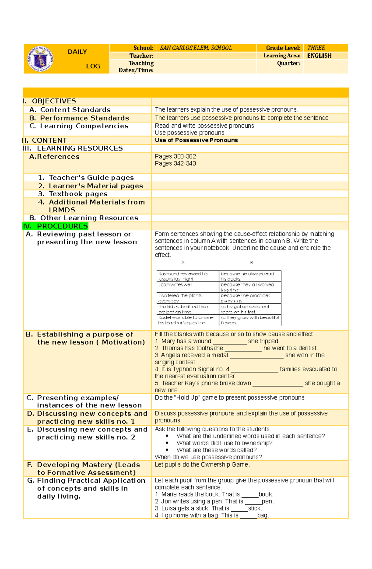 English-3-COT - Lesson plan in grade 3 for classroom observation tool ...